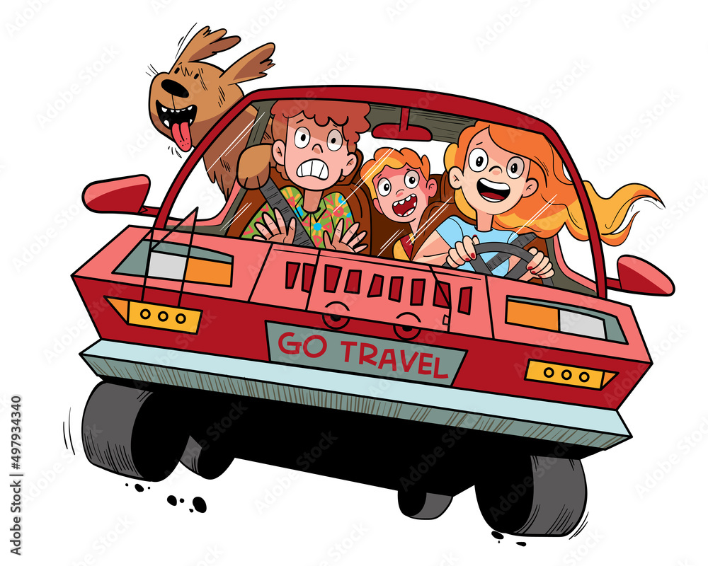 Travel by car on family vacation. Colorful cartoon characters. Funny ...