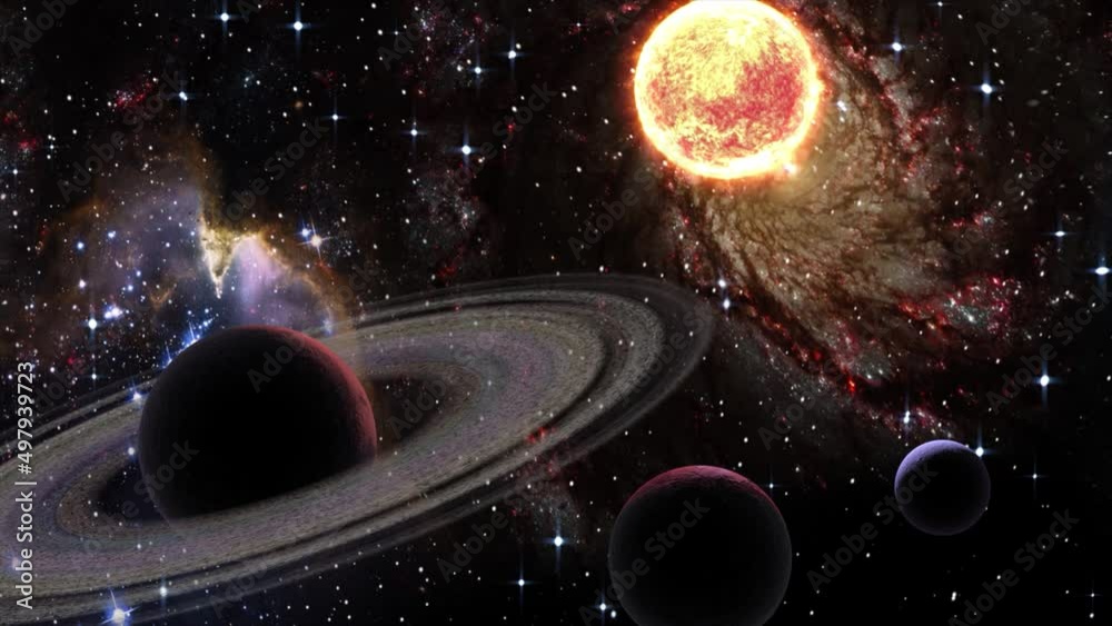 Space flight slowly moving through universe among planets galaxies ...