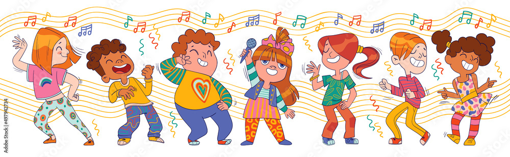 Dancing kids. Colorful cartoon characters. Funny vector illustration ...