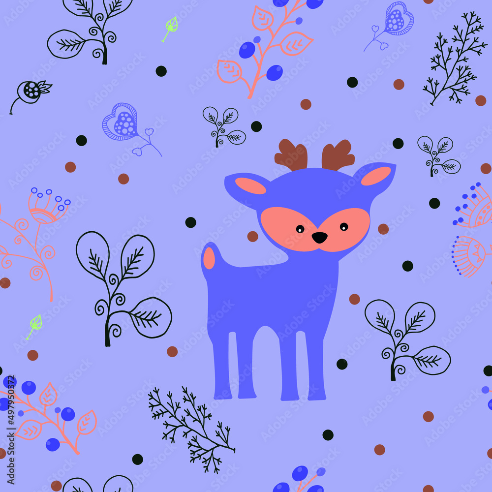 Seamless pattern with a fawn and different plants. Vector file for ...