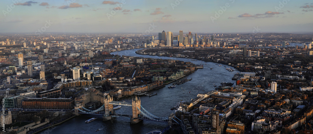 Sunset panorama of London with the most iconic symbol of London, Tower ...