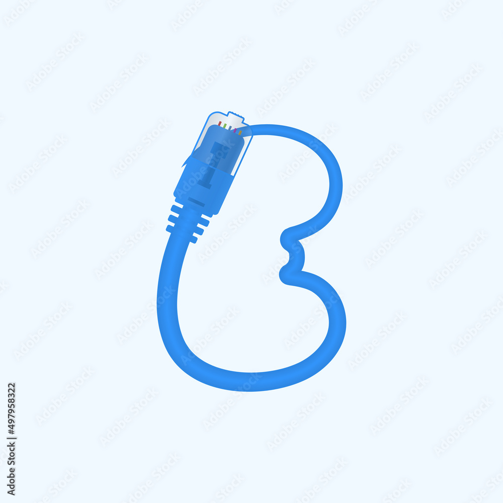 E letter made blue network cable. Vector ethernet rj45 digital cable ...