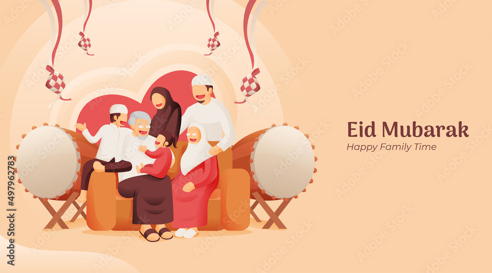 Eid Mubarak Illustration With Muslim Family Hug Each Other in Warm ...
