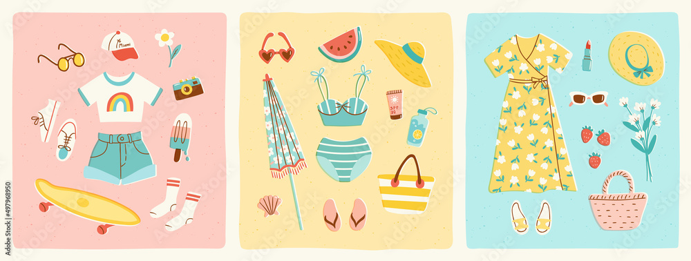 Set of summer outfits in trendy retro style. Romantic dress, skater ...