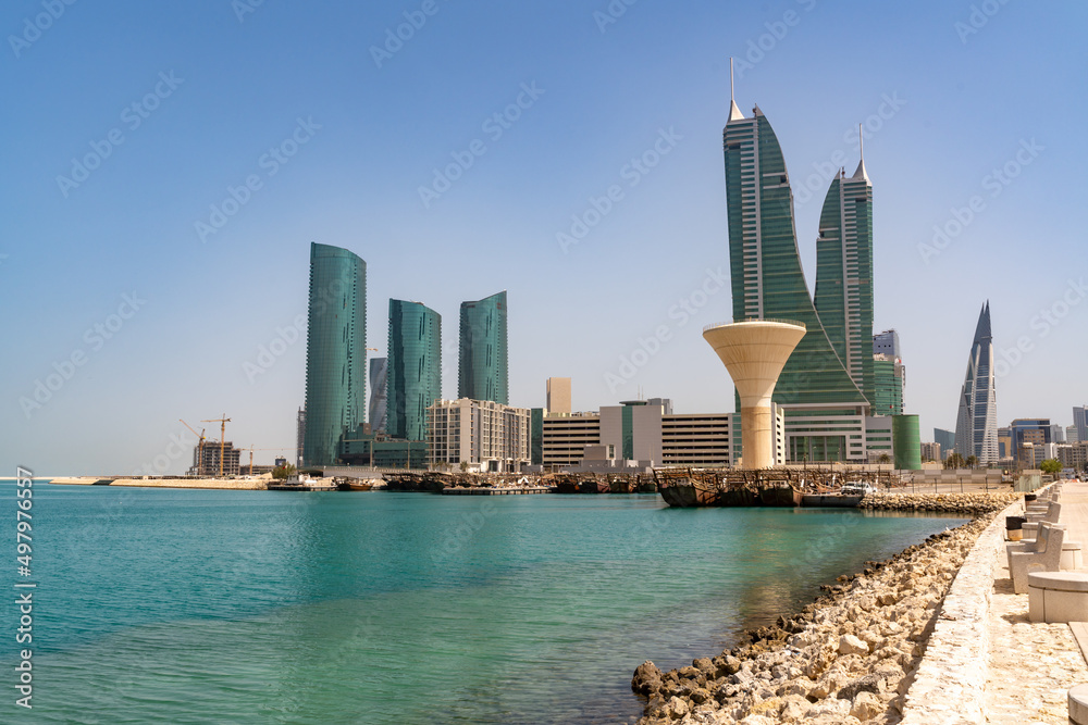 Manama, Bahrain city skyline as seen from Reef Harbor Stock Photo ...