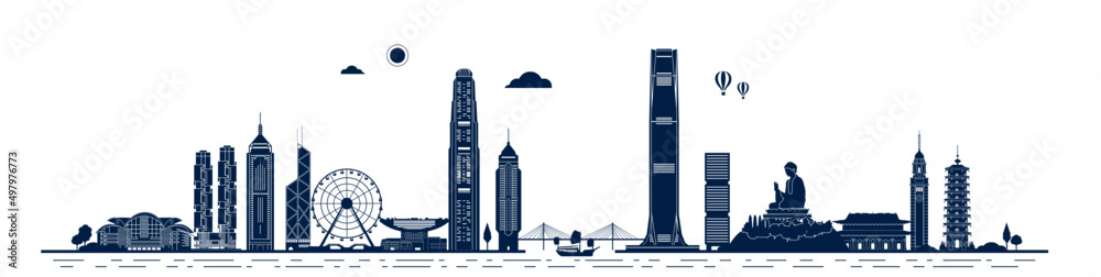 Hong Kong city skyline. Architecture landmarks and buildings vector ...