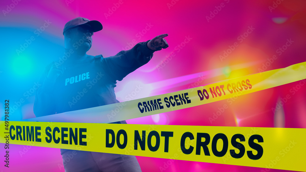 3D illustration police officer directing traffic at a crime scene ...
