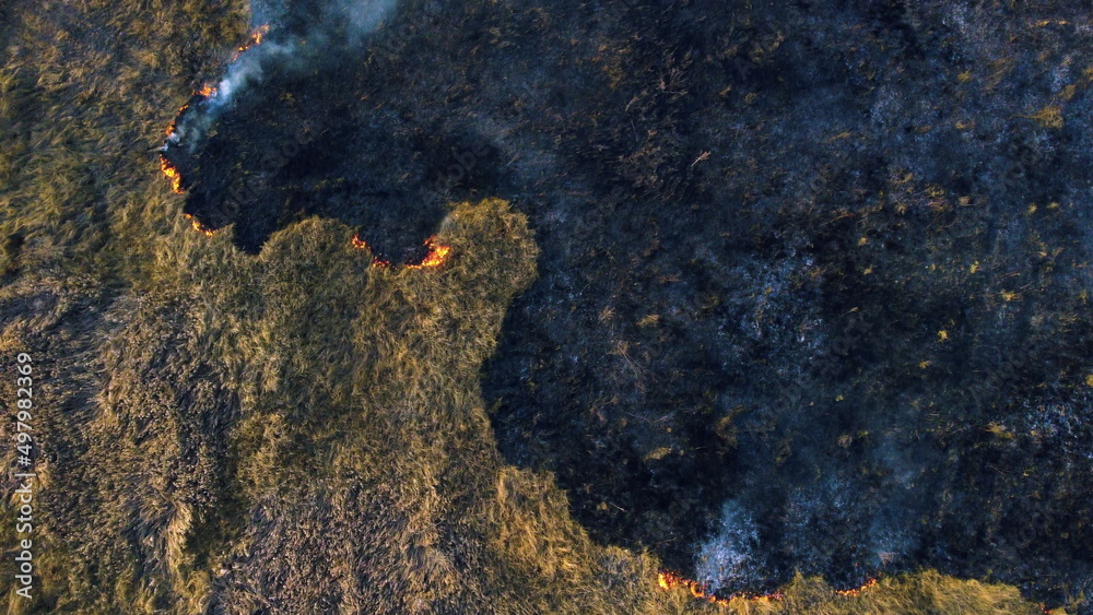 Foto de Aerial Drone View Over Burning Dry Grass and Smoke in Field ...