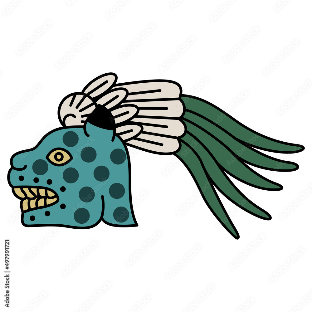 Head of a jaguar in quetzal plume crown. Native American art of Aztec ...
