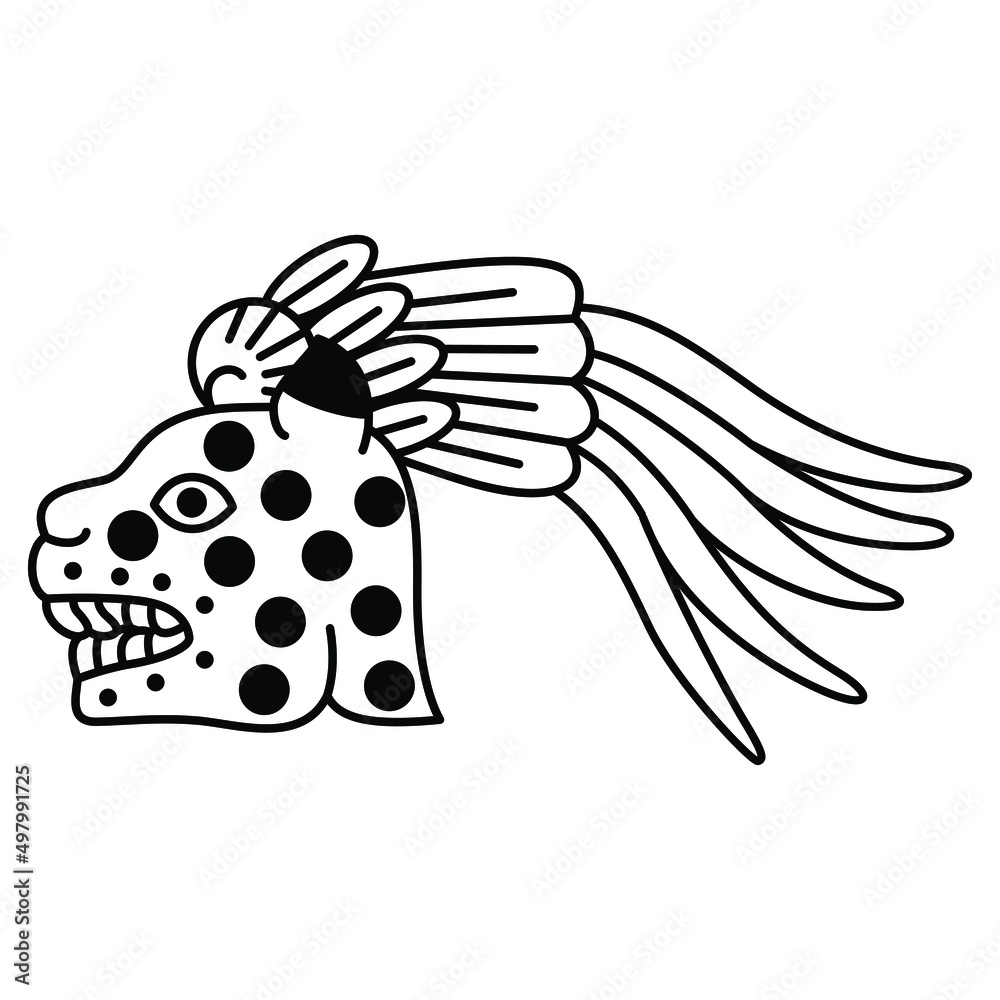 Head of a jaguar in plume crown. Native American art of Aztec Indians ...
