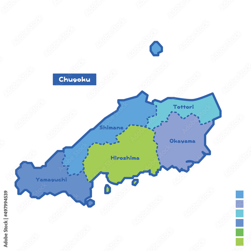 日本の地域図・日本地図 中国地方 雨の日カラーで色分けしてみた（英語版） vector de Stock | Adobe Stock