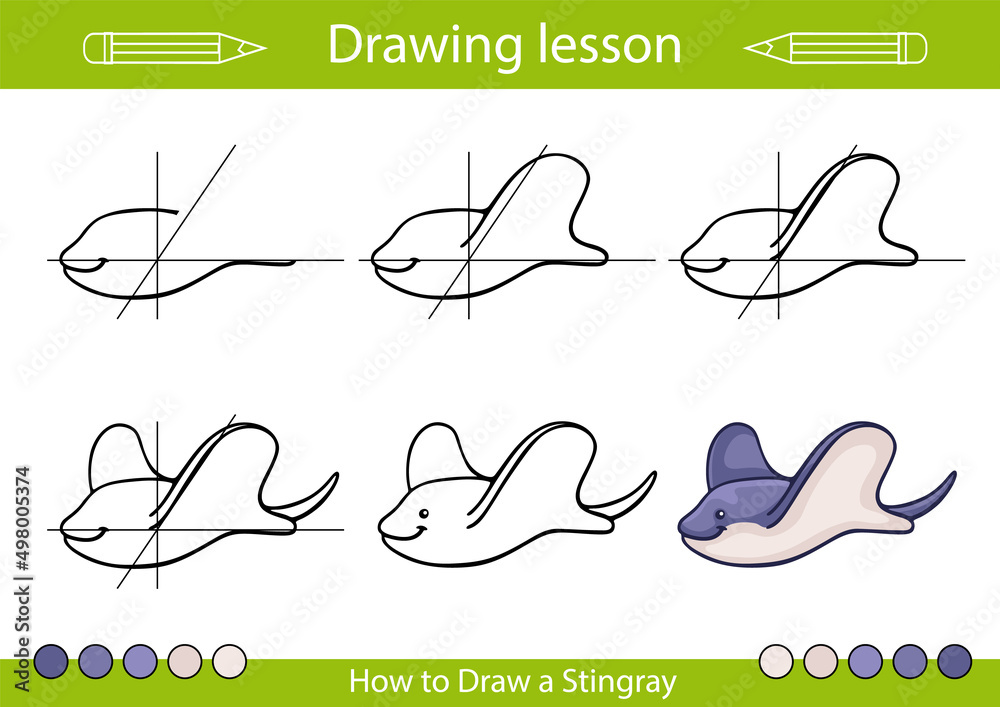 Drawing lesson. How to draw a sea stingray? Educations worksheet and ...