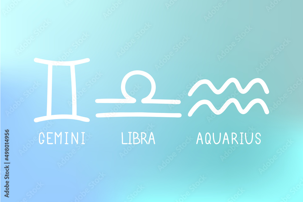 Vector set of air zodiac signs. Symbols 3 signs with inscriptions ...