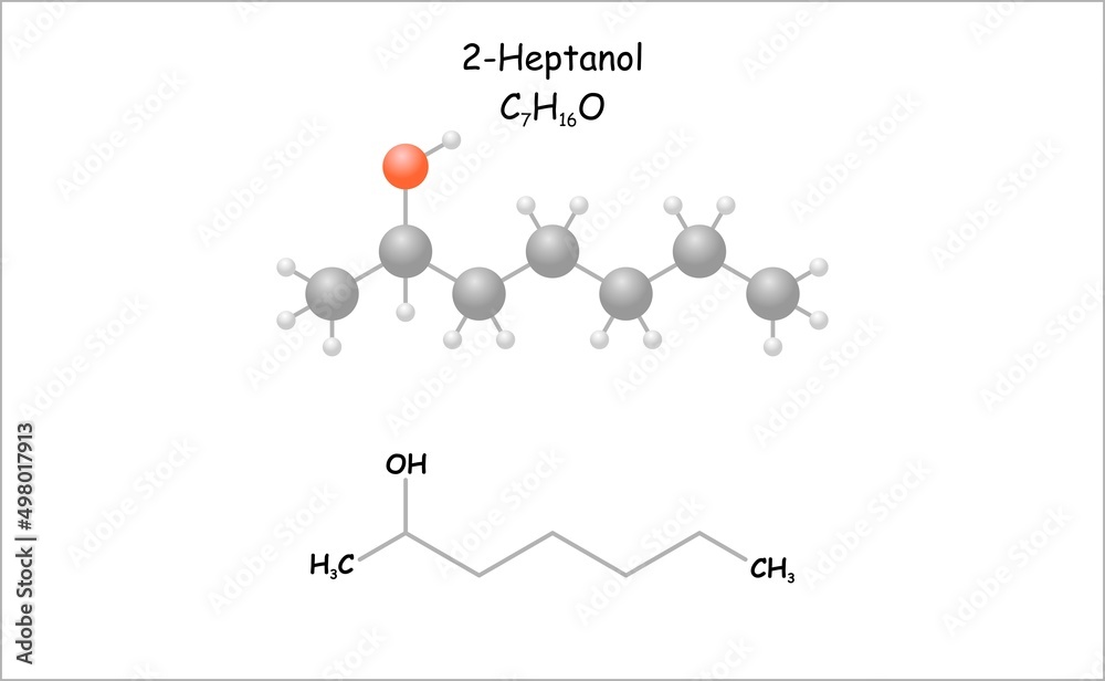 Stylized Molecule Model Structural Formula Of 2 Heptanol Use As Solvent And Flavoring Component