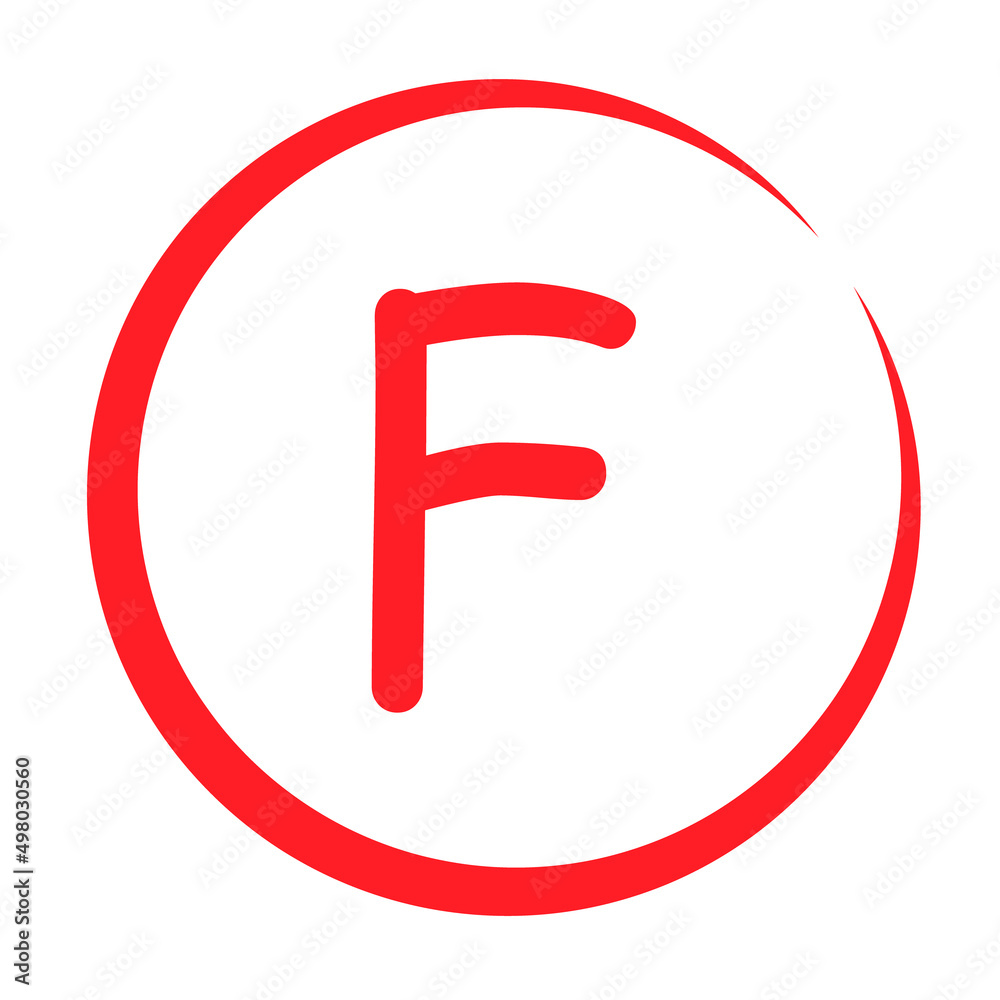Grade result F. Hand drawn icon in red color. Test exam mark report ...