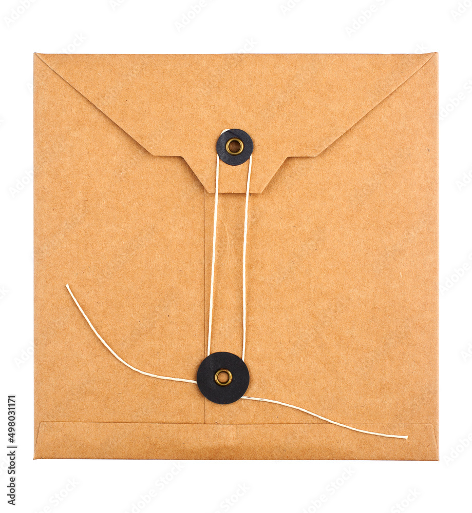 square craft paper envelope with textile thread enclosing isolated on ...