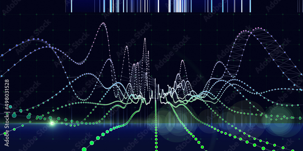 Abstract technology background with wireframe graph from dotted on dark. Visual presentation of ...