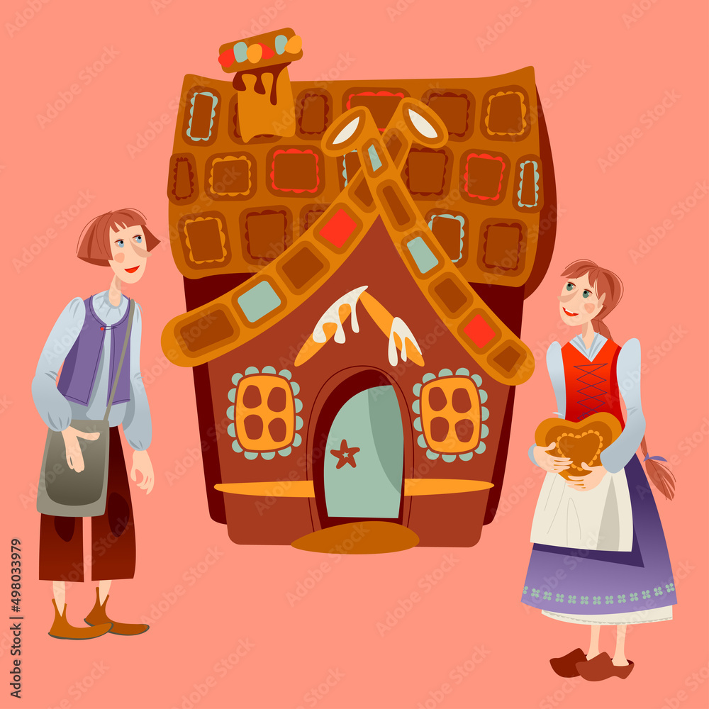 Little brother and sister in front of a gingerbread house. Сharacters ...