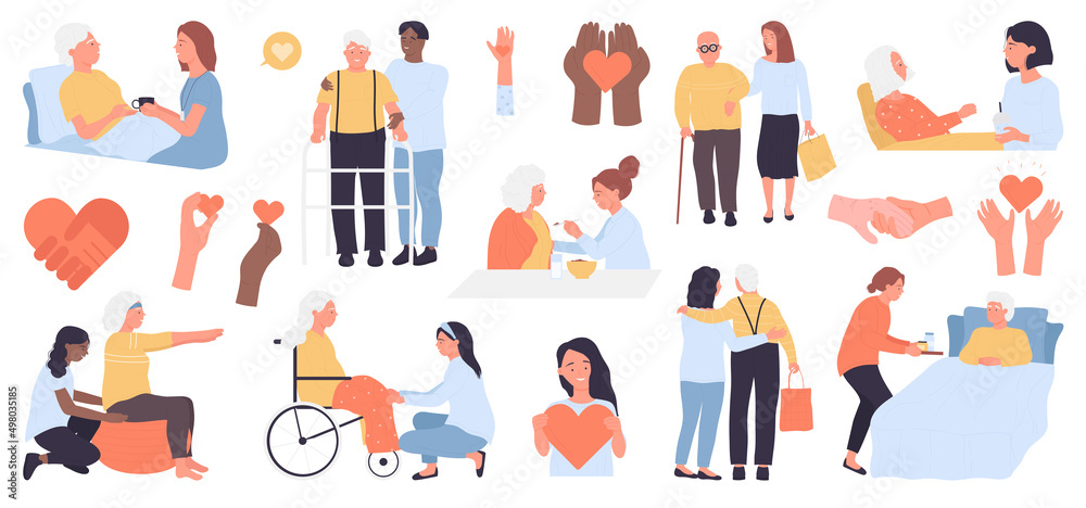 Care and support for senior people set vector illustration. Cartoon ...