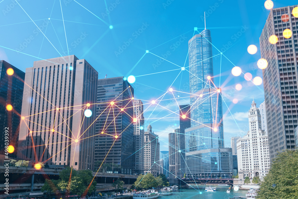 Panorama cityscape of Chicago downtown and Riverwalk, boardwalk with ...