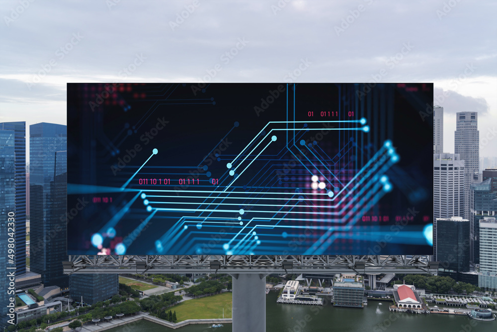 Technology hologram on billboard over panorama city view of Singapore ...