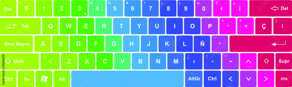 Vetor de Multicolored Keyboard with all symbols, letters of the Spanish ...