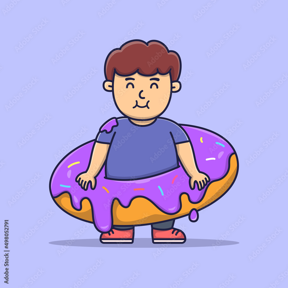 Happy Cute Boy in Big Doughnut, Boy eating junk food, flat cartoon ...