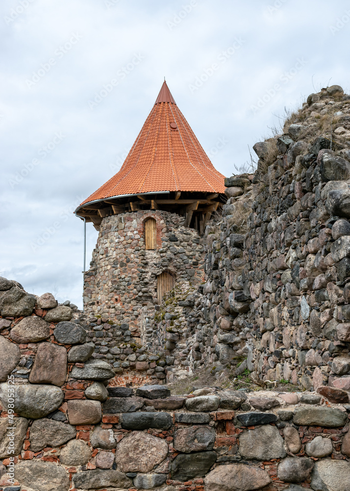 spring landscape with a view of the castle ruins, the new bright orange ...