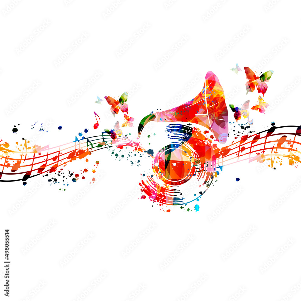 Colorful musical poster with gramophone horn and LP vinyl record ...