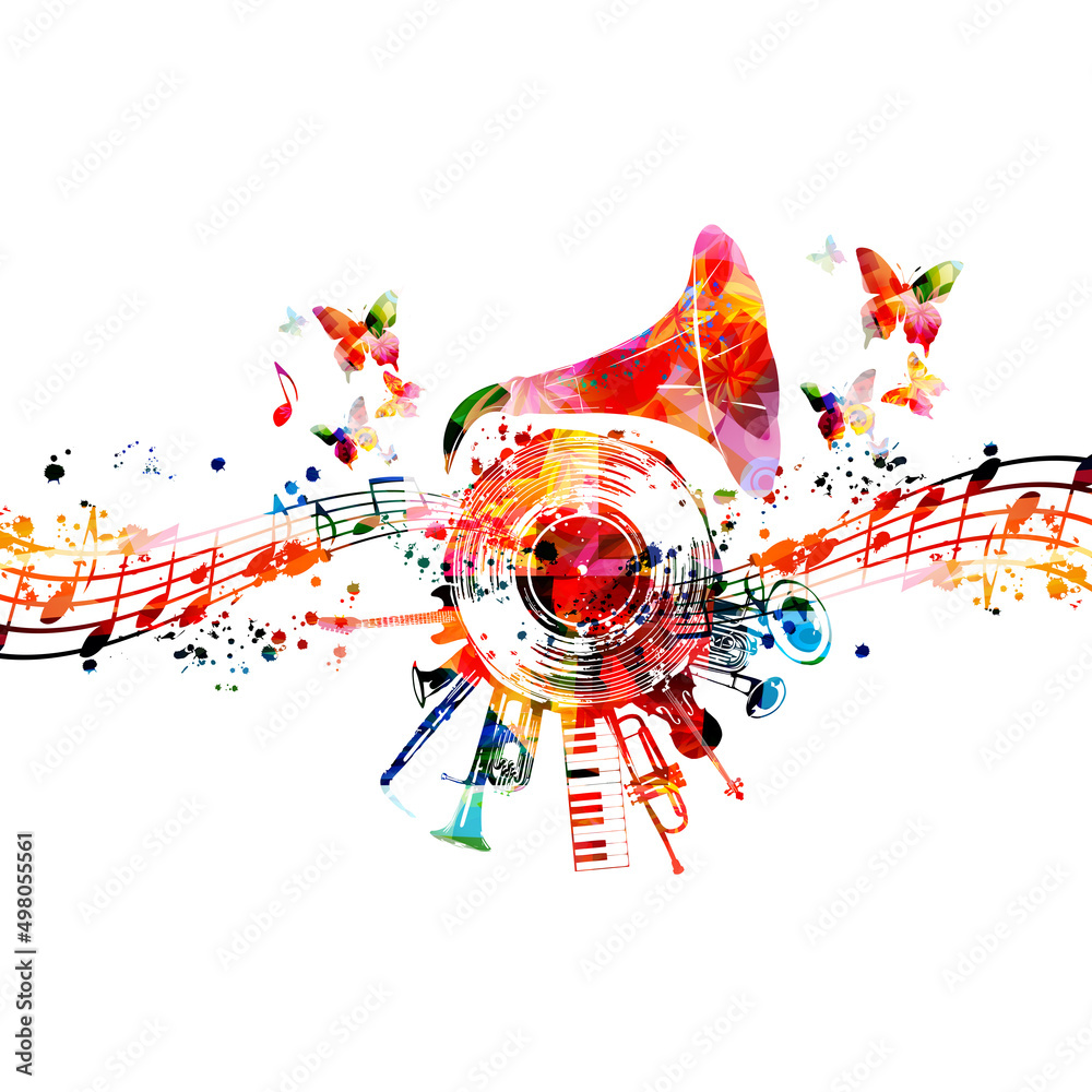 Colorful musical poster with gramophone horn and LP vinyl record vector ...