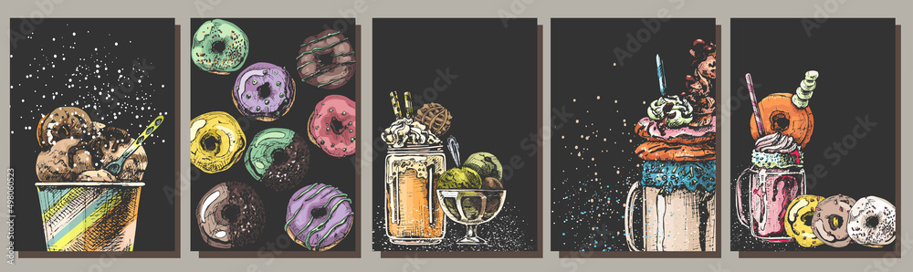 Vecteur Stock 678_FreakShake_creamy dessert in a jar and glass_donuts ...