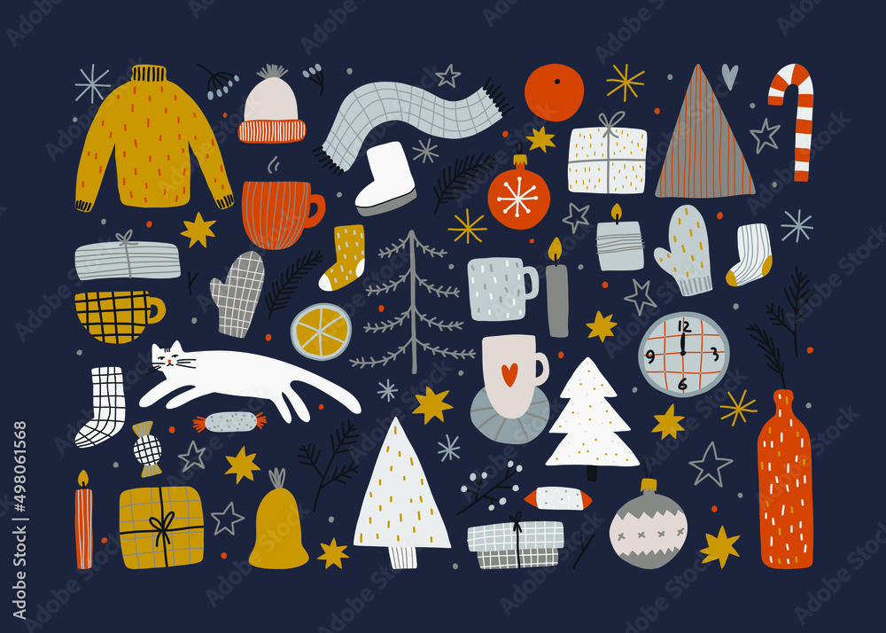 Set of Christmas and New Year hand drawing elements. Winter holiday ...