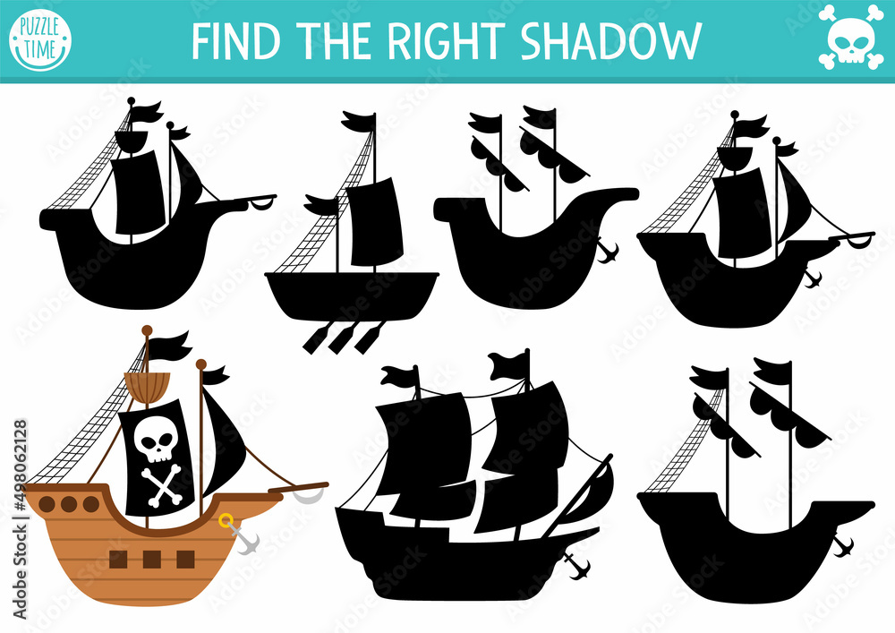 Pirate shadow matching activity. Treasure island hunt puzzle with ...