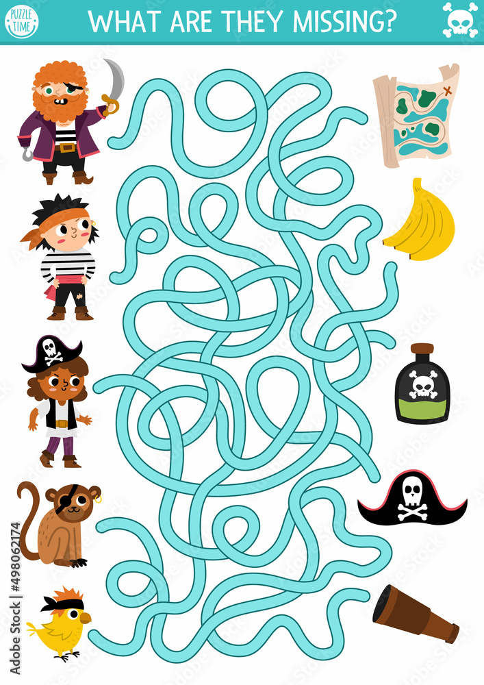 Pirate maze for kids. Treasure hunt preschool printable activity with ...