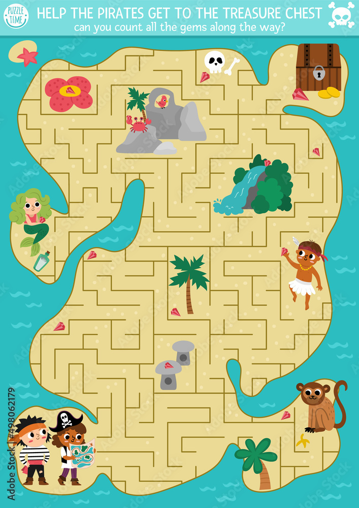 Pirate maze for kids with tropical treasure island and cute kid pirates ...