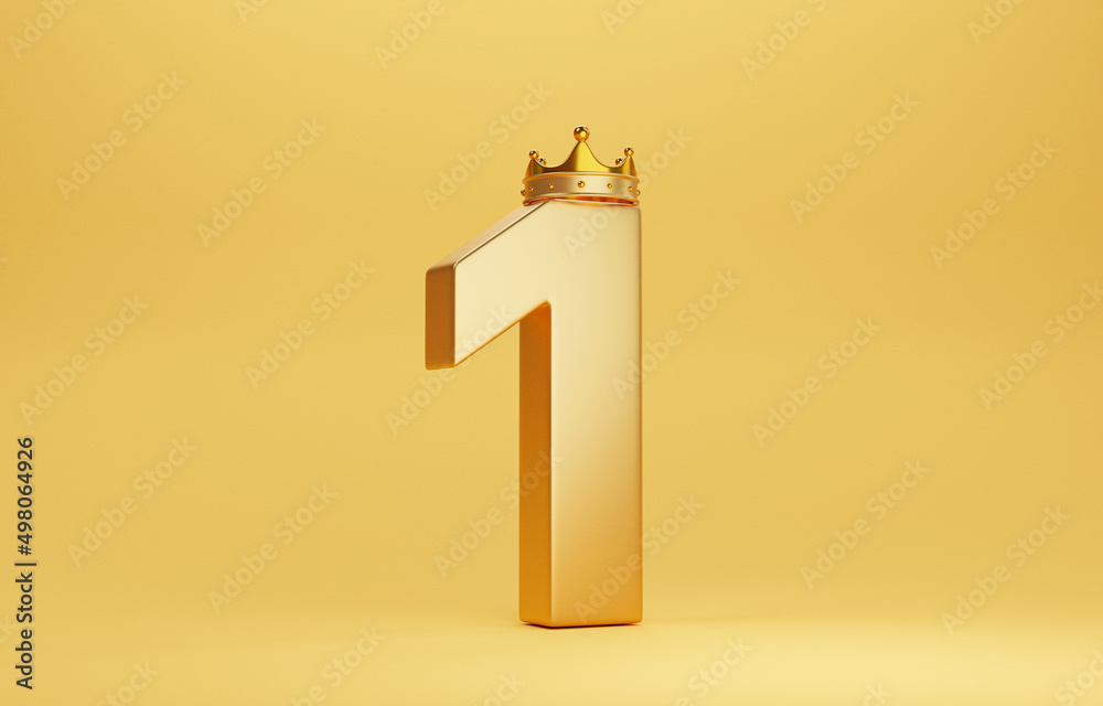 Golden number one with gold crown for champion or the winner on yellow ...