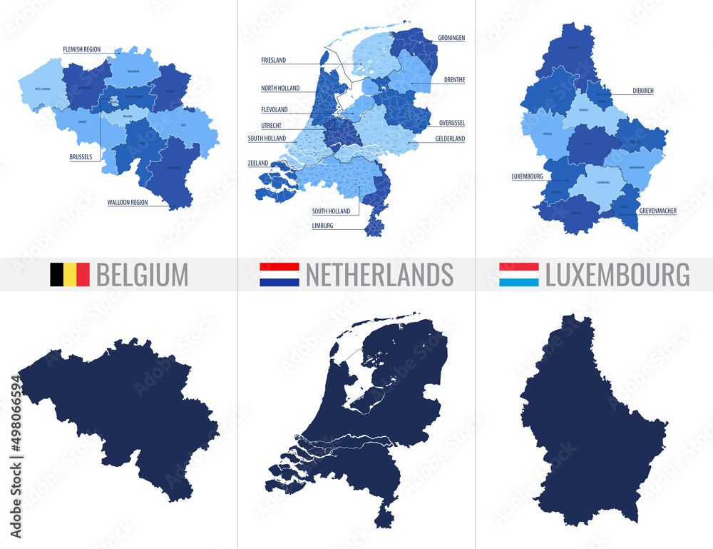 Map of the Benelux countries in blue colors on white background, with ...