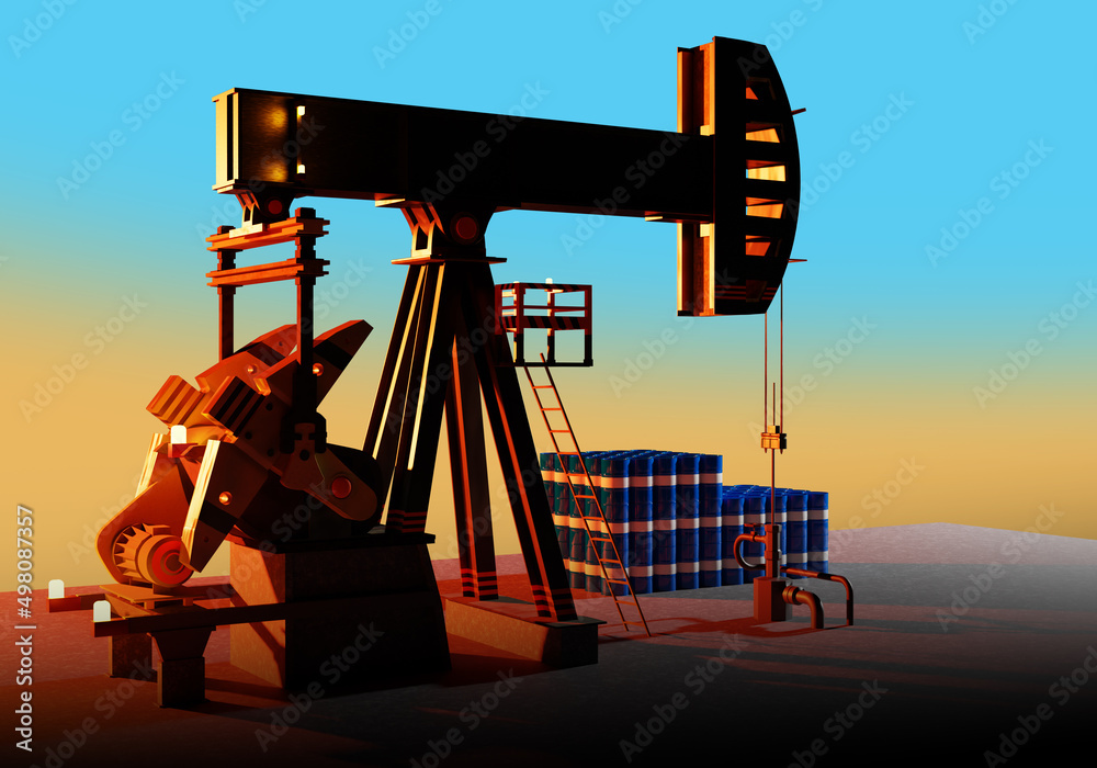 Oil pump. Extraction of hydrocarbons. Blue barrel is next to oil pump ...