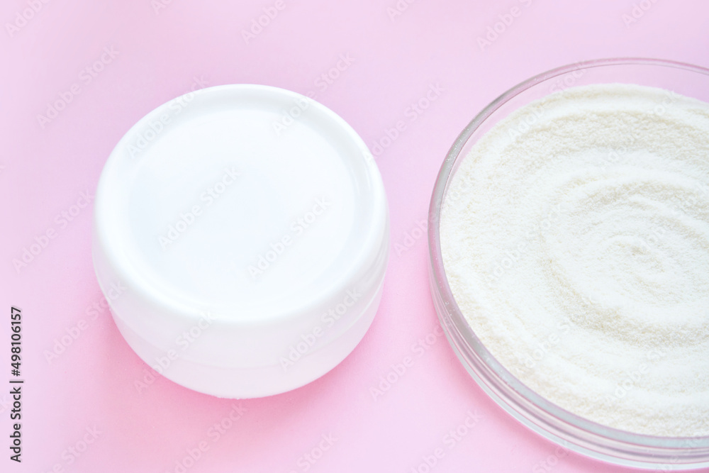 Collagen white powder. Pastel color background. Health product. Woman ...