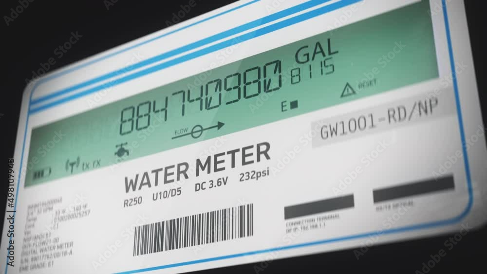 Smart water meter showing volume of gallons used by residence, utility ...