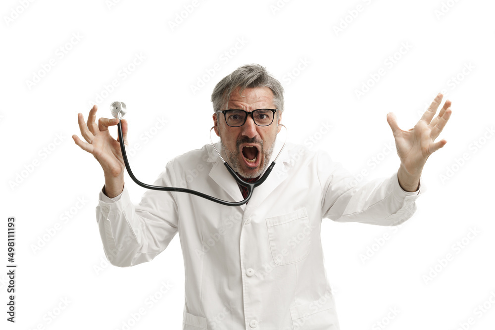 Senior male doctor looking at the camera and have shocked face ...