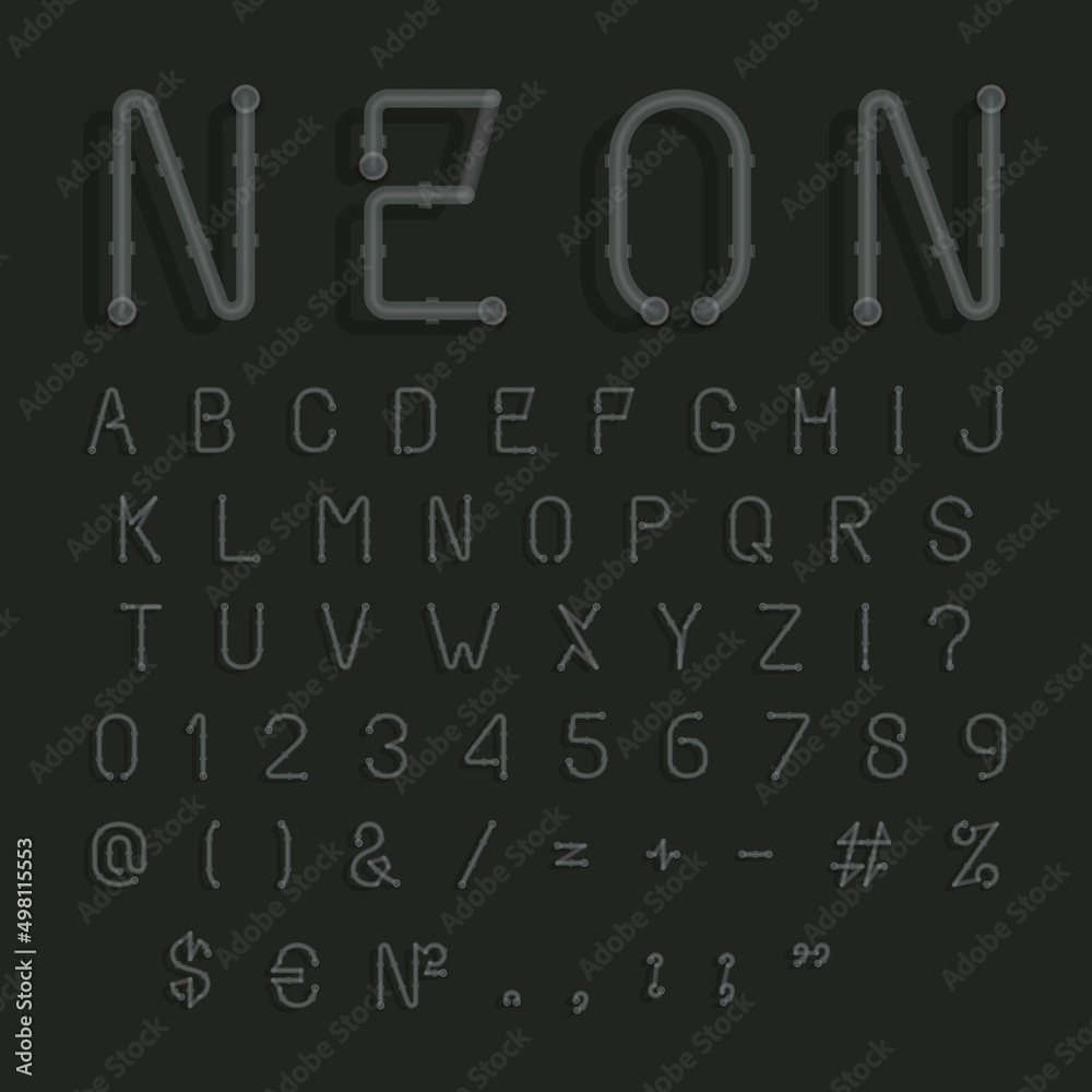 Neon Latin Alphabet, Capital Letters, Numbers and Symbols, ‘Off ...