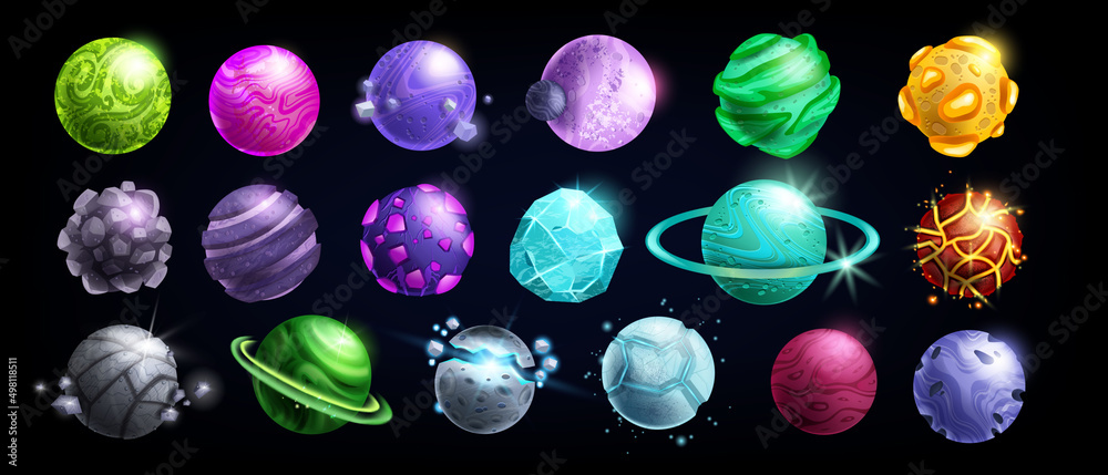 Alien planet game icon set, stone magic cosmos asteroid, vector space ...