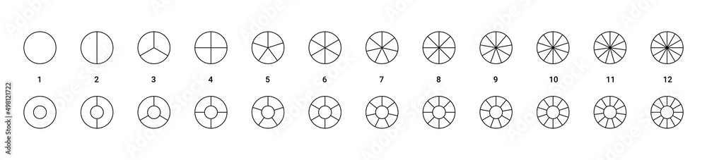 Pie charts set. Segment slice icons. Round wheel diagram with equal ...