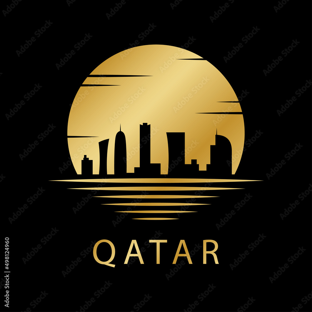 Qatar Skyline Logo. Sunset and Doha on black background. Gold icon ...