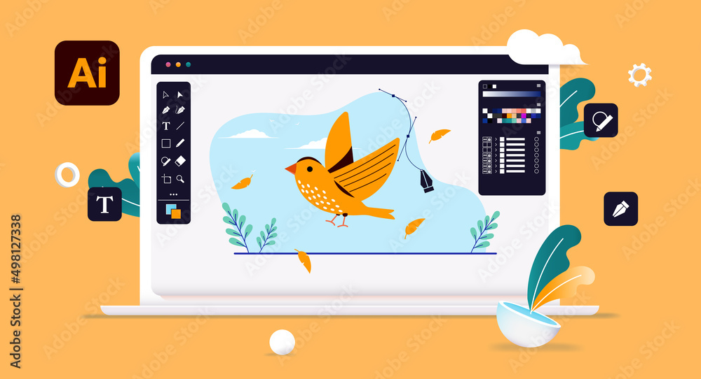 Adobe Illustrator user interface on laptop computer screen with vector ...