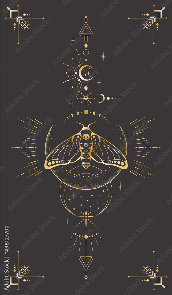 Mystic celestial background with golden outline insect, stars, moon ...