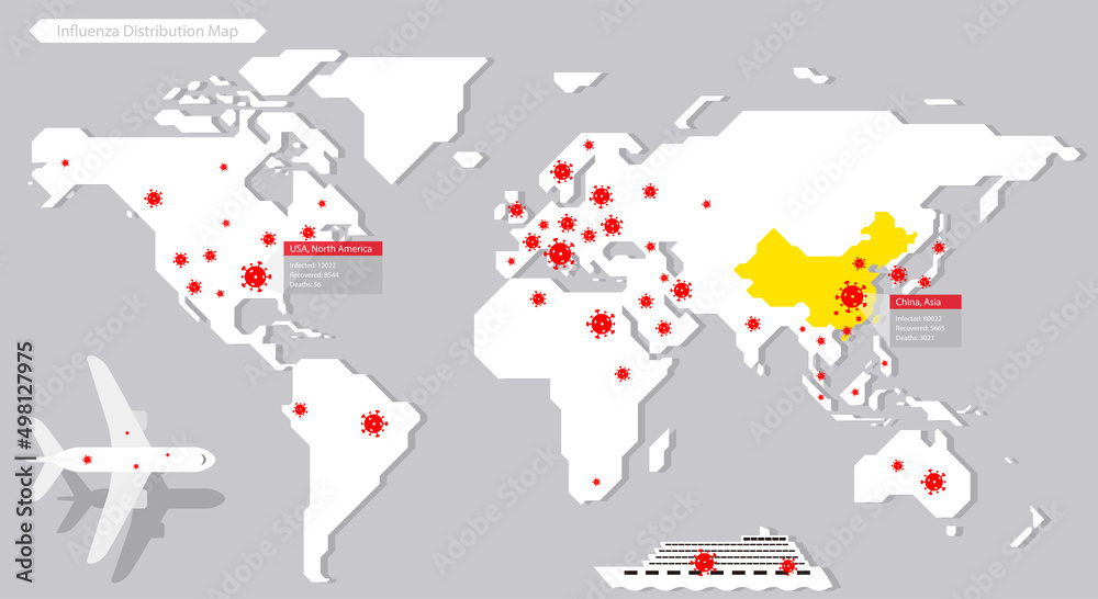 World economic chart, influenza epidemic, map of the world, vector ...