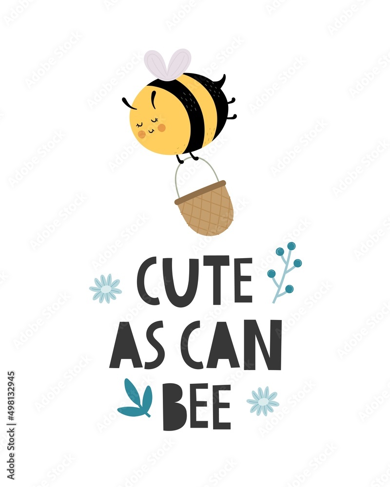 cute as can bee. cartoon bee, flowers, hand drawing lettering. flat ...