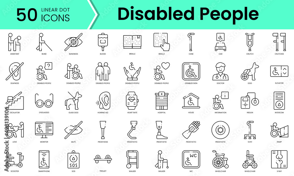 Set of disabled people assistance icons. Line art style icons bundle ...